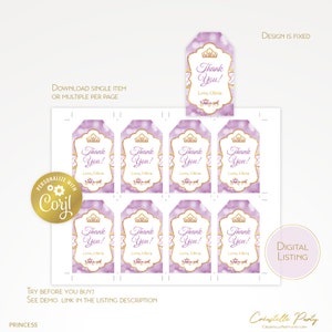 Princess Editable Favor Tag, Royal Crown Birthday Label, Gold and Pink ...