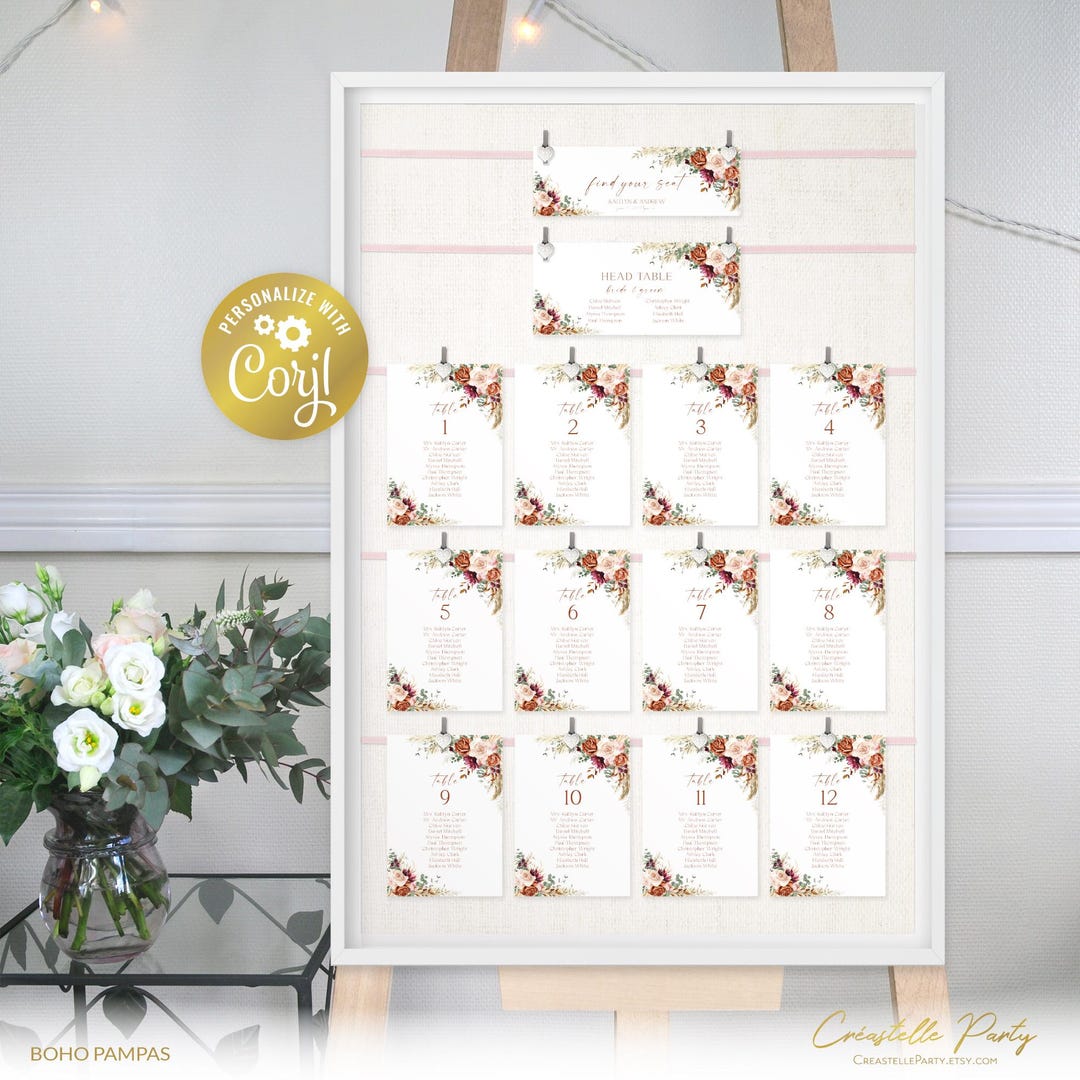 Boho Pampas Seating Chart Template, Terracotta Floral Seating Plan ...