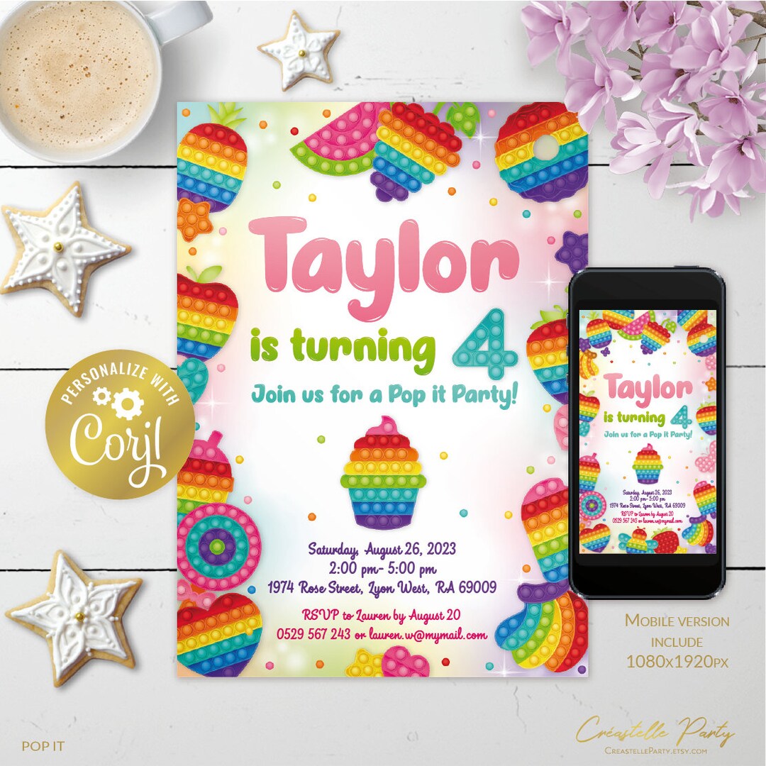 Pop It, Editable Rainbow Printable Invitation, Pop Fidget Toy Birthday ...