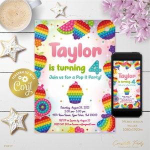 Pop It, Editable Rainbow Printable Invitation, Pop Fidget Toy Birthday ...