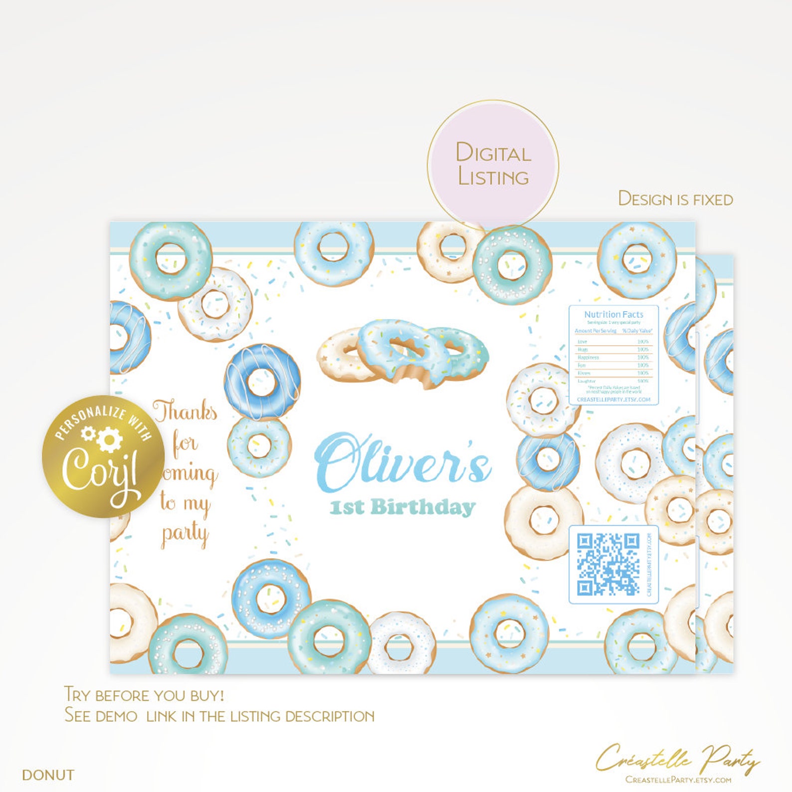 Donut Editable Chip Bag Wrapper, Sweet One Birthday Snacks Label, Blue ...