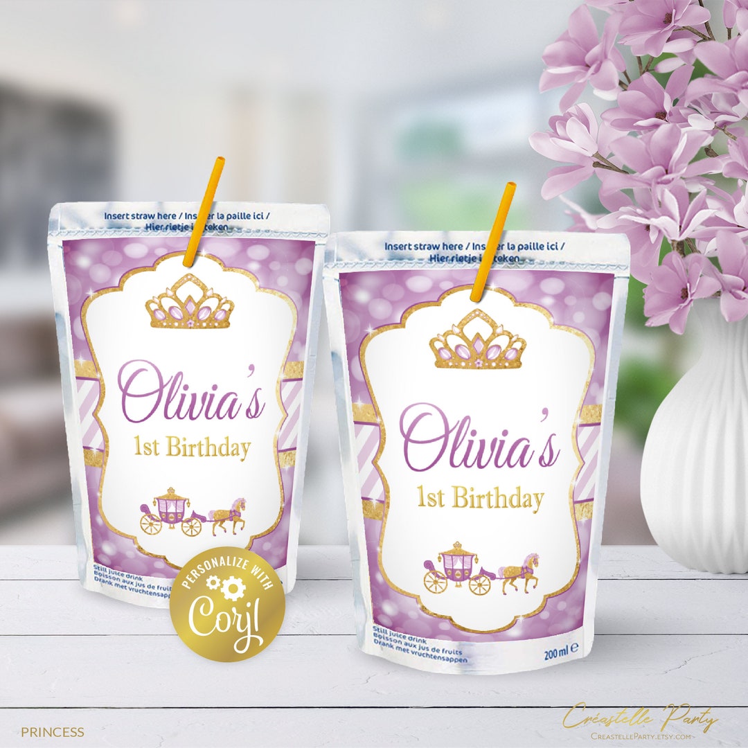 Princess Editable Juice Pouch Label, Royal Crown Birthday Snack Label ...
