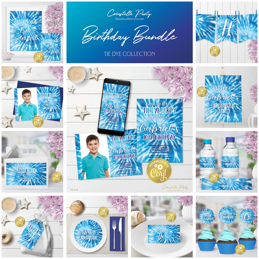 Tie Dye Editable Party Decor Package, Blue Spiral Printable, Craft ...