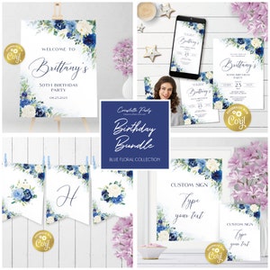 Blue Floral Editable Party Decoration Package, Navy and Cream Printable ...