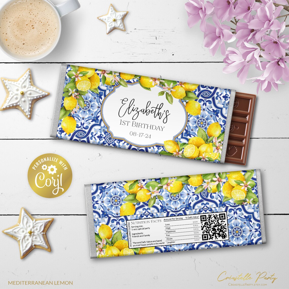 Mediterranean Lemon Editable Chocolate Bar Wrapper, Azulejos Blue Tile ...