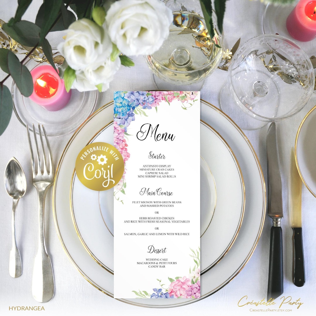 Hydrangea Wedding Menu Template, Editable 3.75x9 + 5x7 Menus, Digital Pink and Blue Printable ...