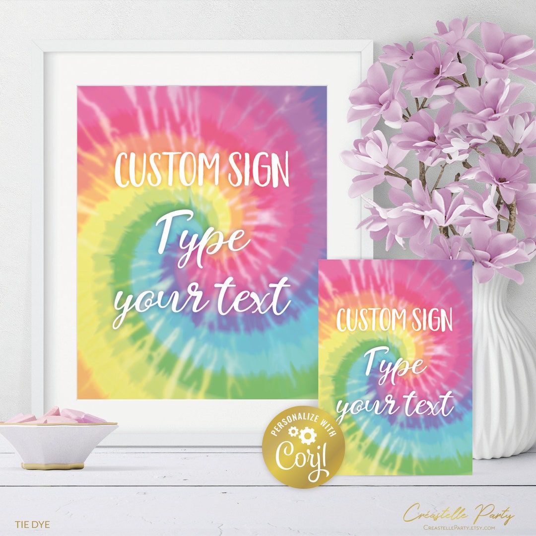 Tie Dye Custom Sign Template, Pastel Rainbow Spiral Editable Printable ...