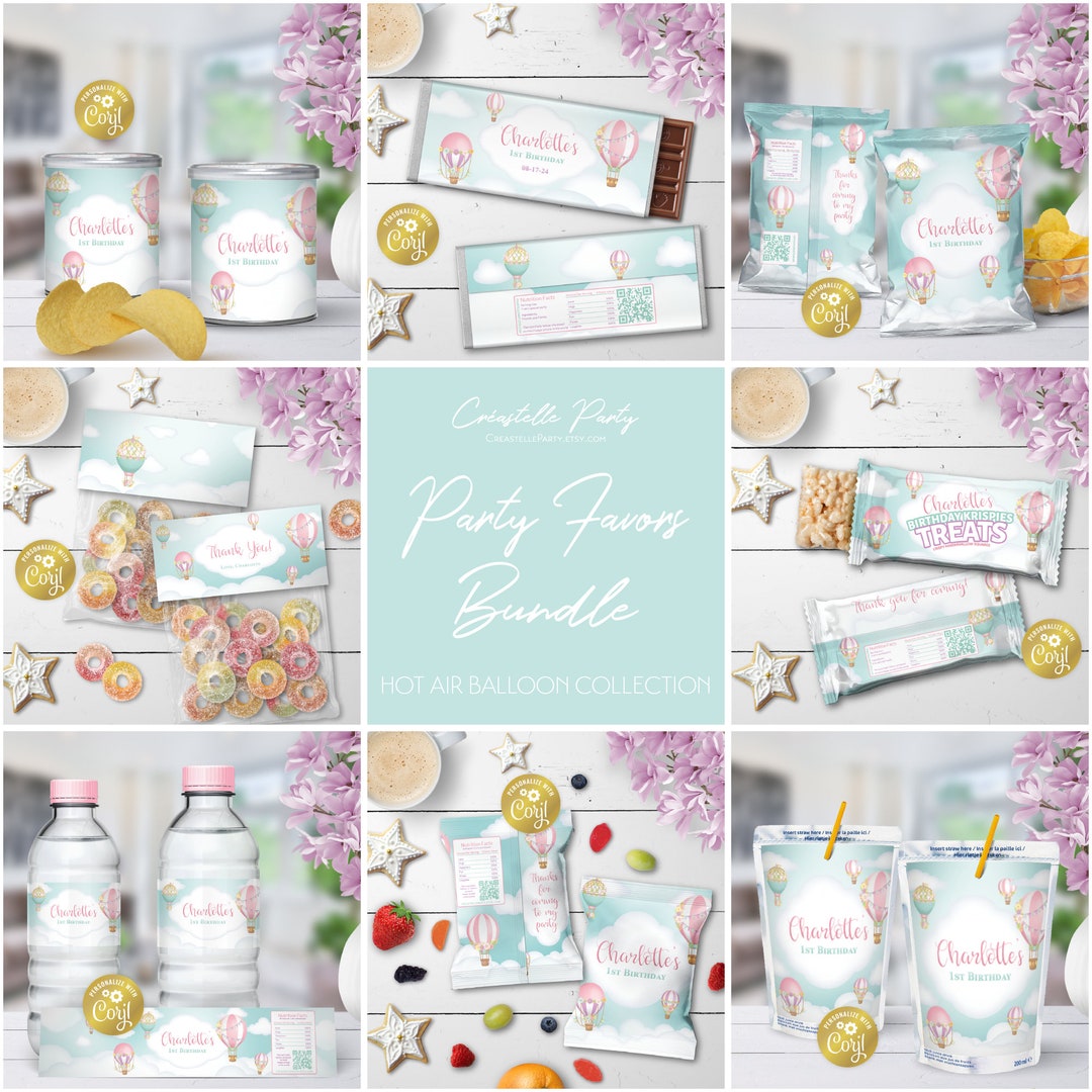 Hot Air Balloon Pink Editable Party Treats Package, Up, up and Away ...