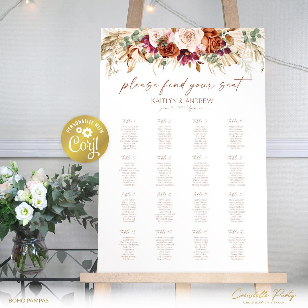 Boho Pampas Seating Chart Template, Terracotta Floral Portrait Seating ...