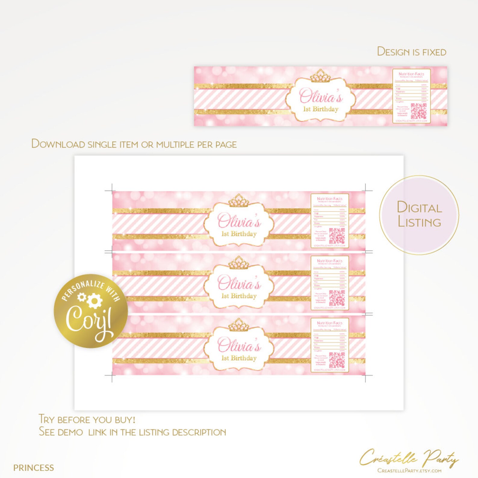 Princess Editable Party Treats Package, Royal Crown Birthday Snacks ...