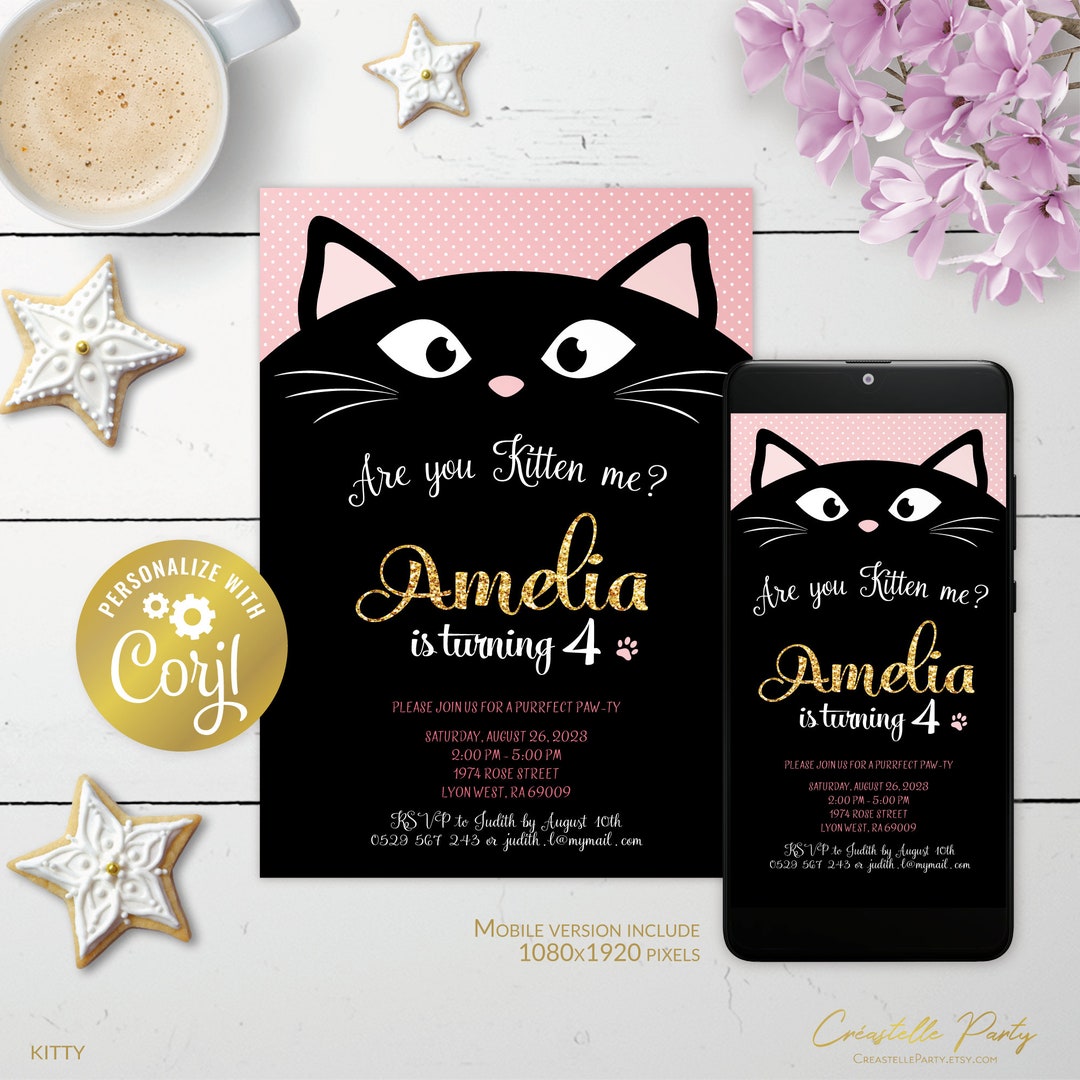 Kitty Invitation, Cat Electronic Invite, Kitten Evite, Black and Pink ...