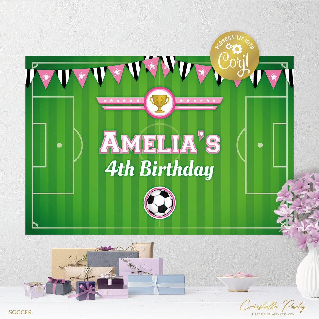 Soccer Field Digital Backdrop, Pink Football Editable Poster File ...