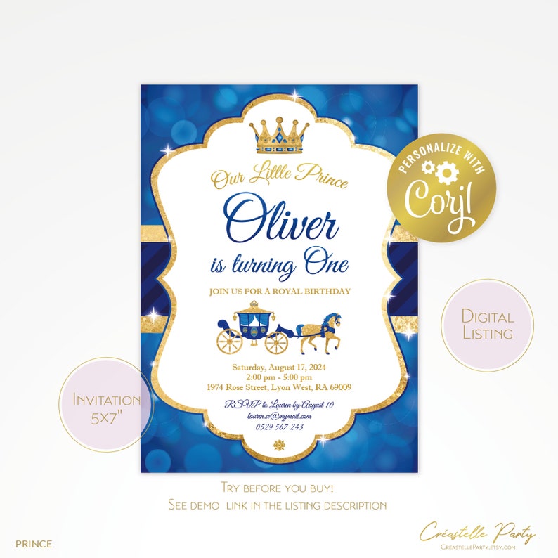 Royal Prince Invitation, Blue Bokeh and Gold Birthday Digital ...