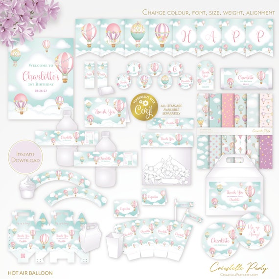 Hot Air Balloon editable decor party package, pink Up, Up & Away ...