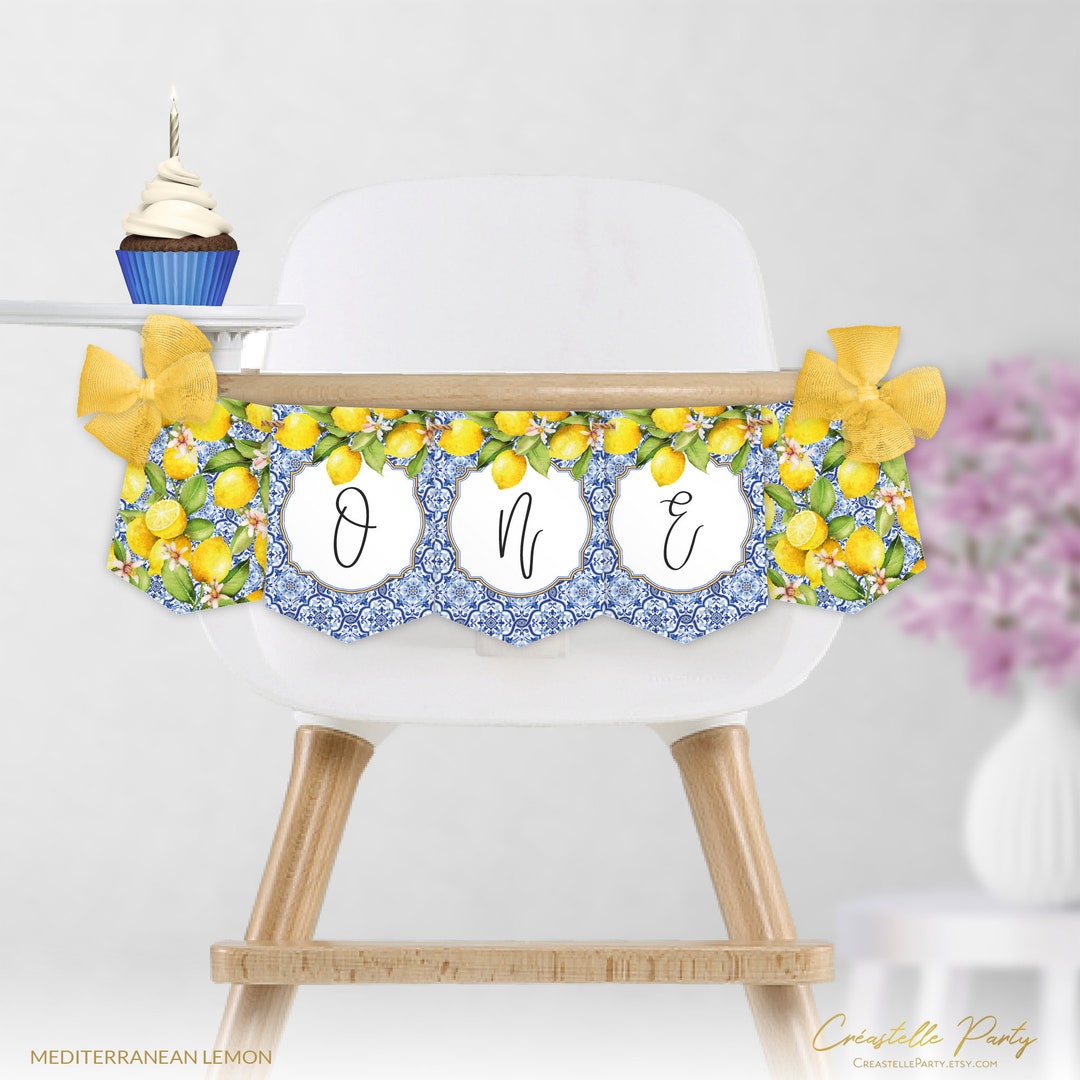 Mediterranean Lemon High Chair Banner, Editable Azulejos Blue Tile ...
