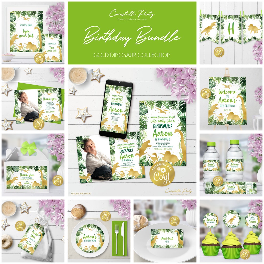 Editable Dinosaur, Gold T-rex Editable Party Decor Package, Safari ...