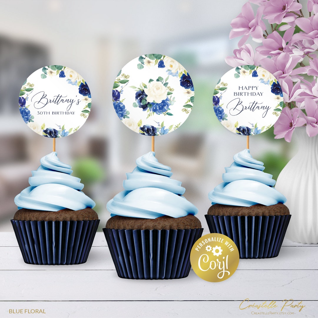 Blue Floral Editable Cupcake Toppers, Navy and Cream Birthday Label ...