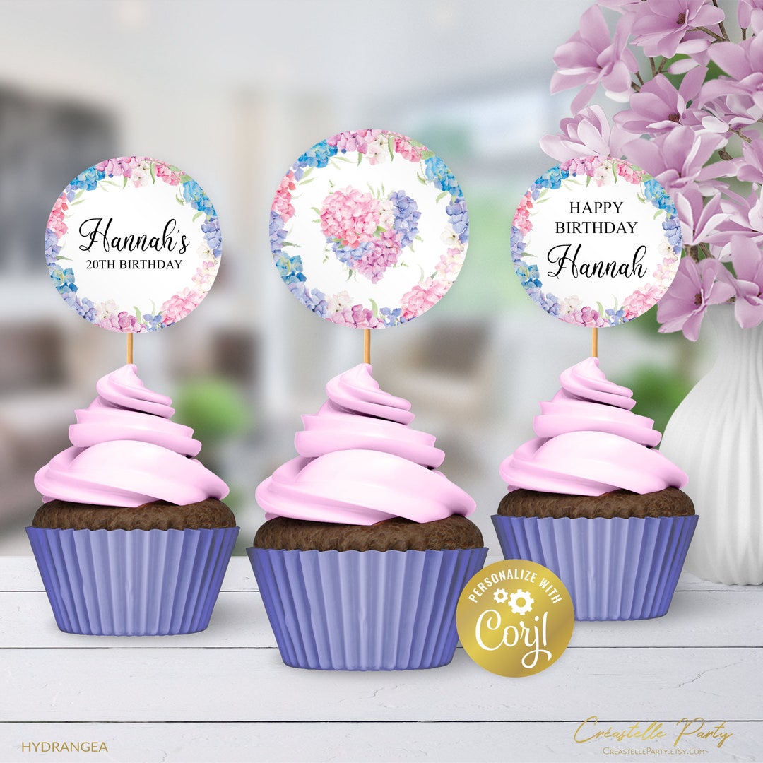 Hydrangea Editable Cupcake Toppers, Pink & Blue Birthday Label, Purple ...