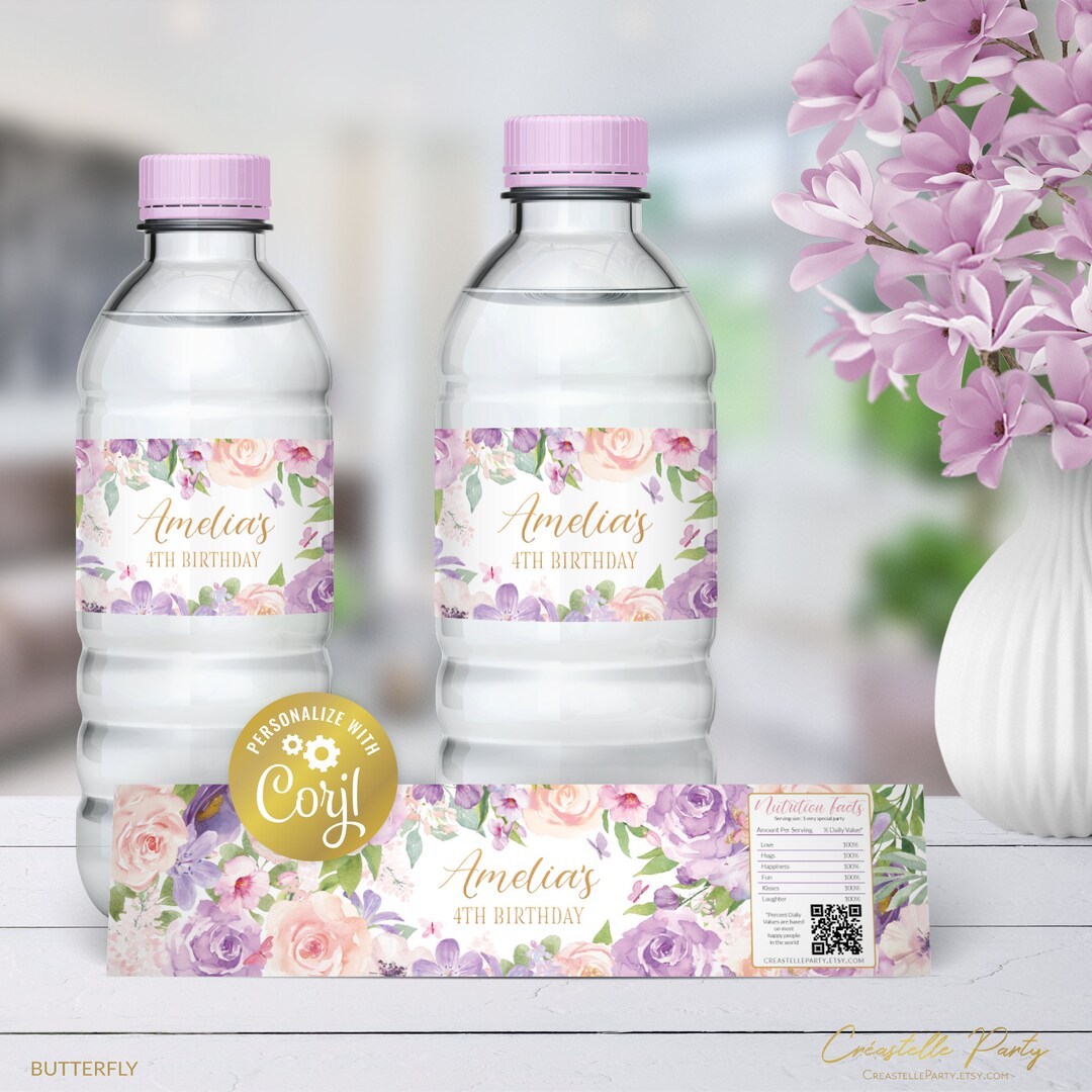 Butterfly Editable Water Bottle Label, Pink & Lavender Birthday Label ...