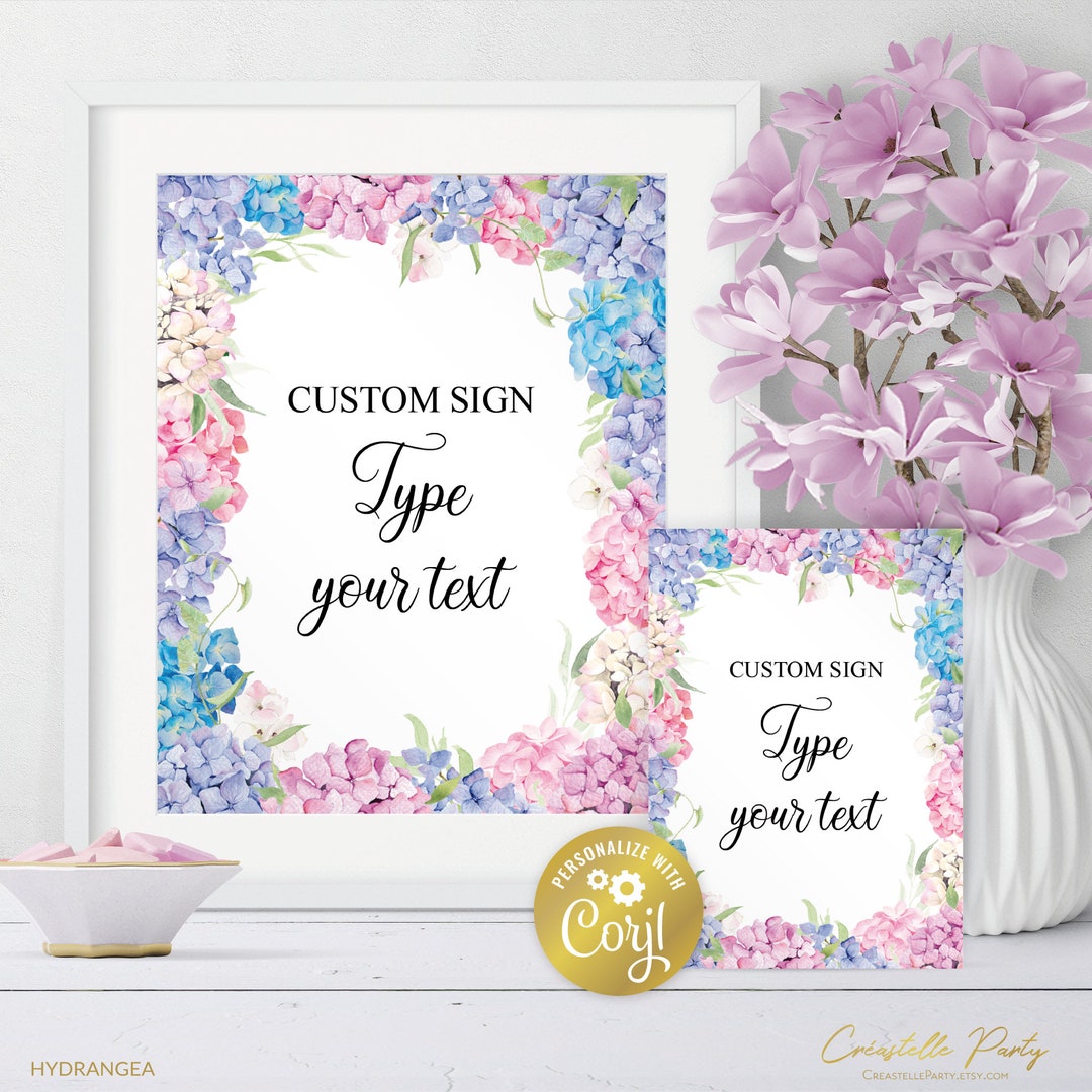 Party Sign Set, Editable Hydrangea Signs, Pink and Blue Signs, Party ...