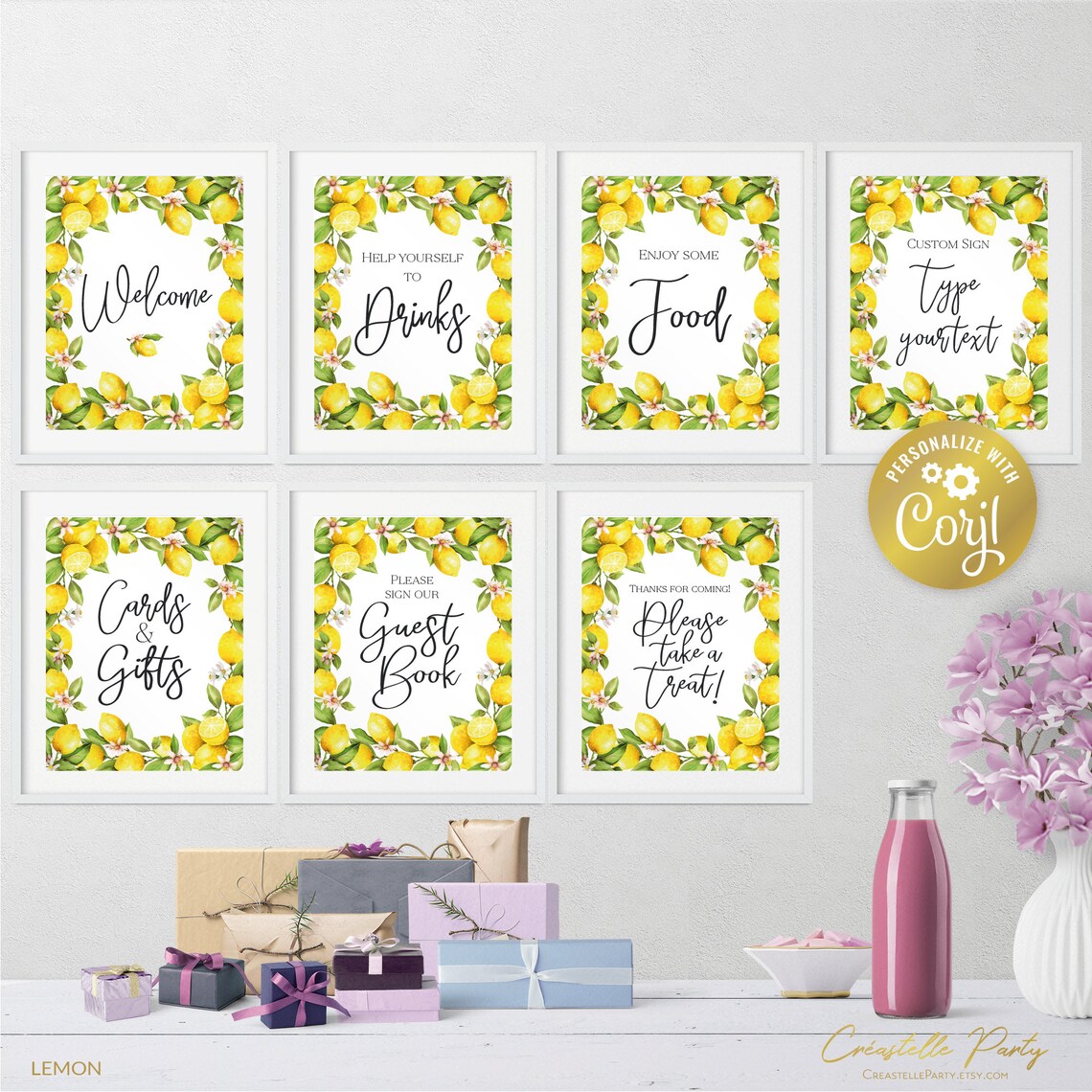 Party Sign Set Watercolor Lemon Signs Yellow Summer Party | Etsy