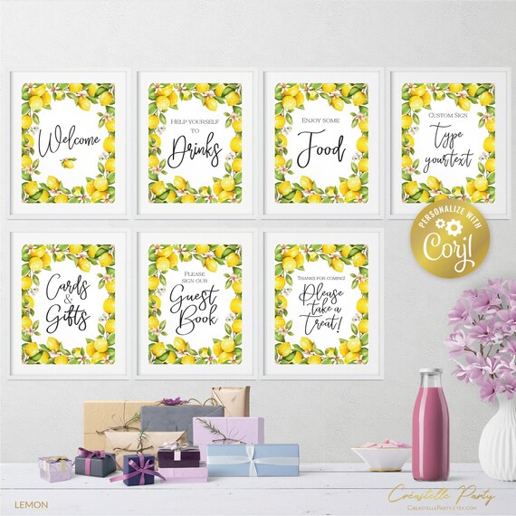 Party sign set, watercolor lemon signs, yellow summer party signs ...