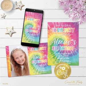 Tie Dye Editable Party Decor Package, Pastel Rainbow Spiral Birthday ...