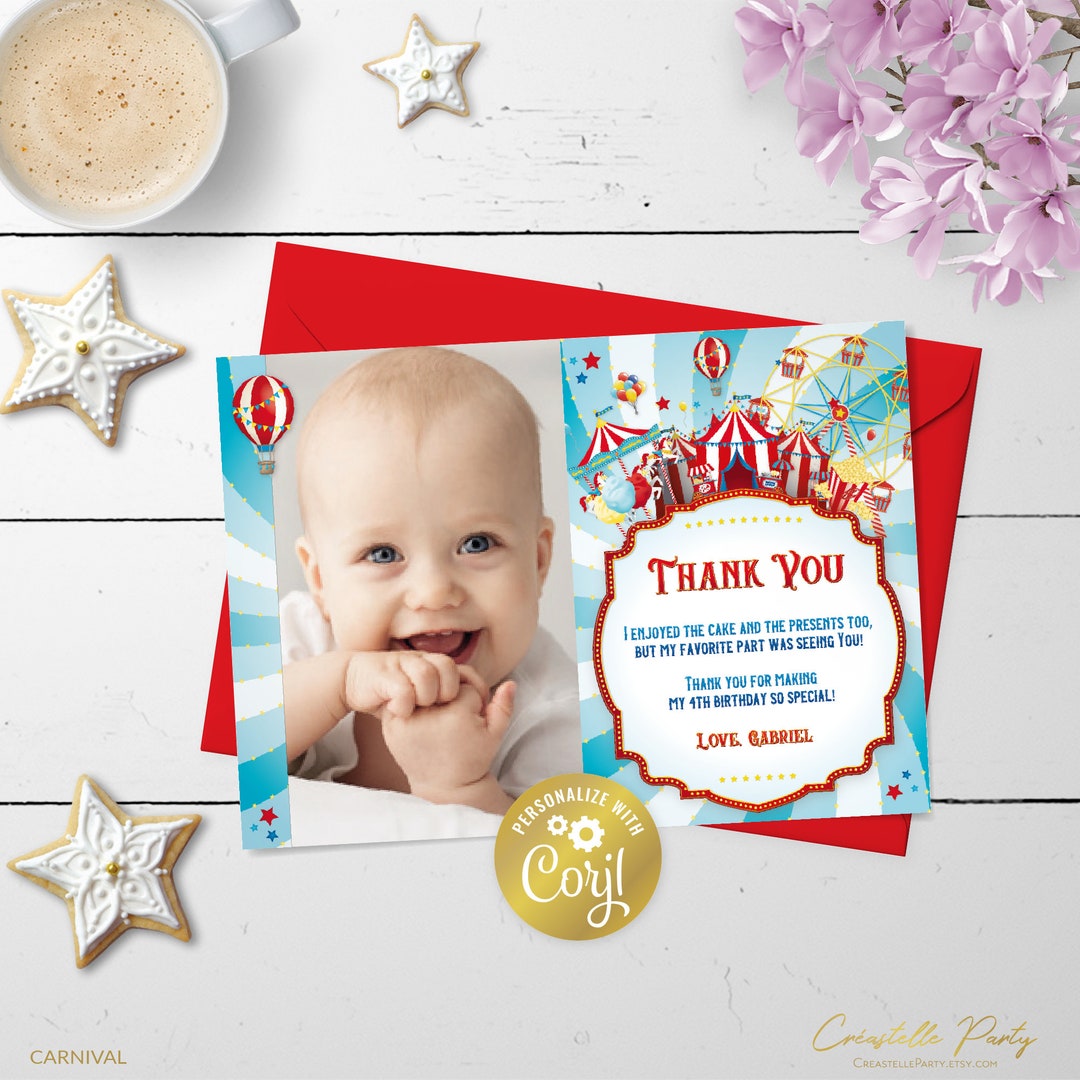 Carnival Editable Thank You Card, Big Top Digital Party Photo Card, Red ...