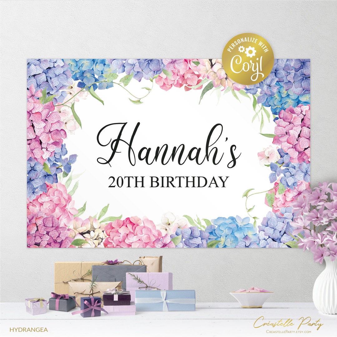 Editable Hydrangea Backdrop File, Watercolor Floral Poster, Pink and ...