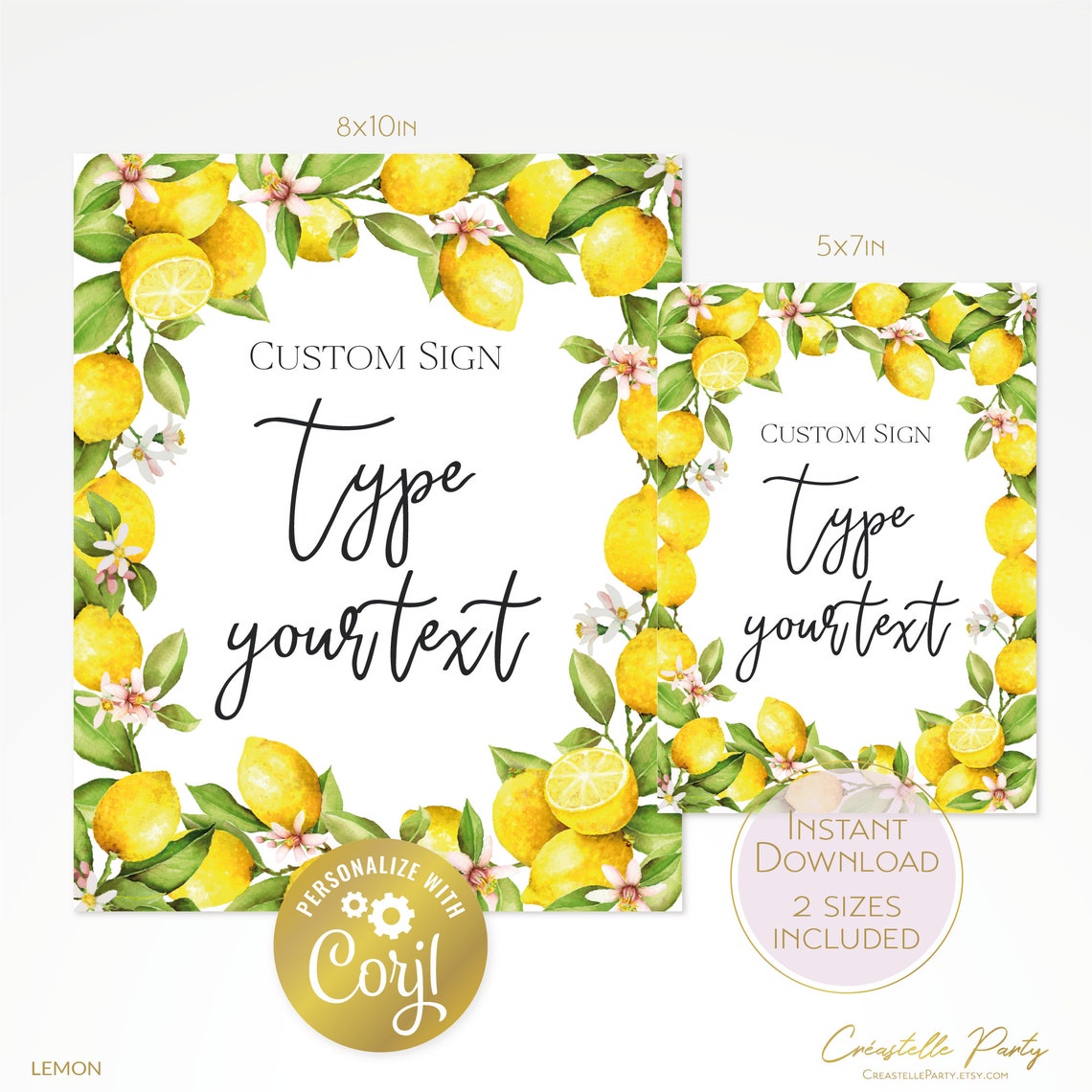 Party Sign Set Watercolor Lemon Signs Yellow Summer Party | Etsy