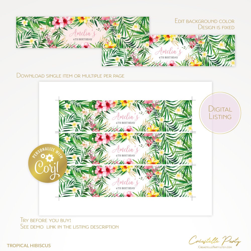 Tropical Floral Editable Party Treats Package, Hawaiian Flowers Snacks ...