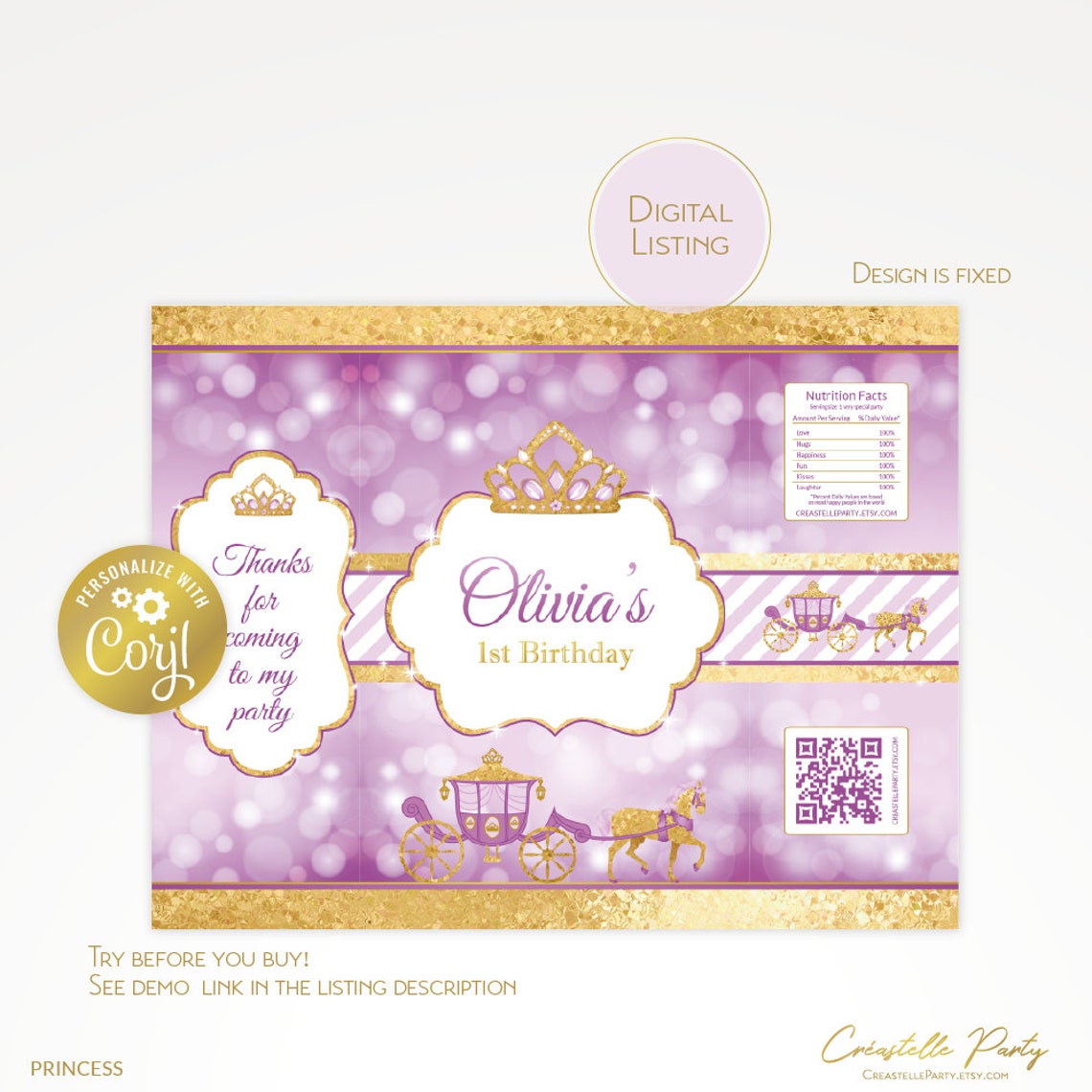Princess Editable Party Treats Package, Royal Crown Birthday Snacks ...