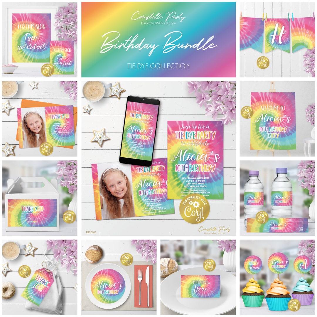 Tie Dye Editable Party Decor Package, Pastel Rainbow Spiral Birthday ...