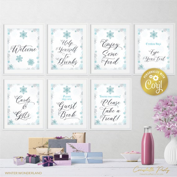 Party sign set, winter wonderland signs, blue and silver snowflake ...