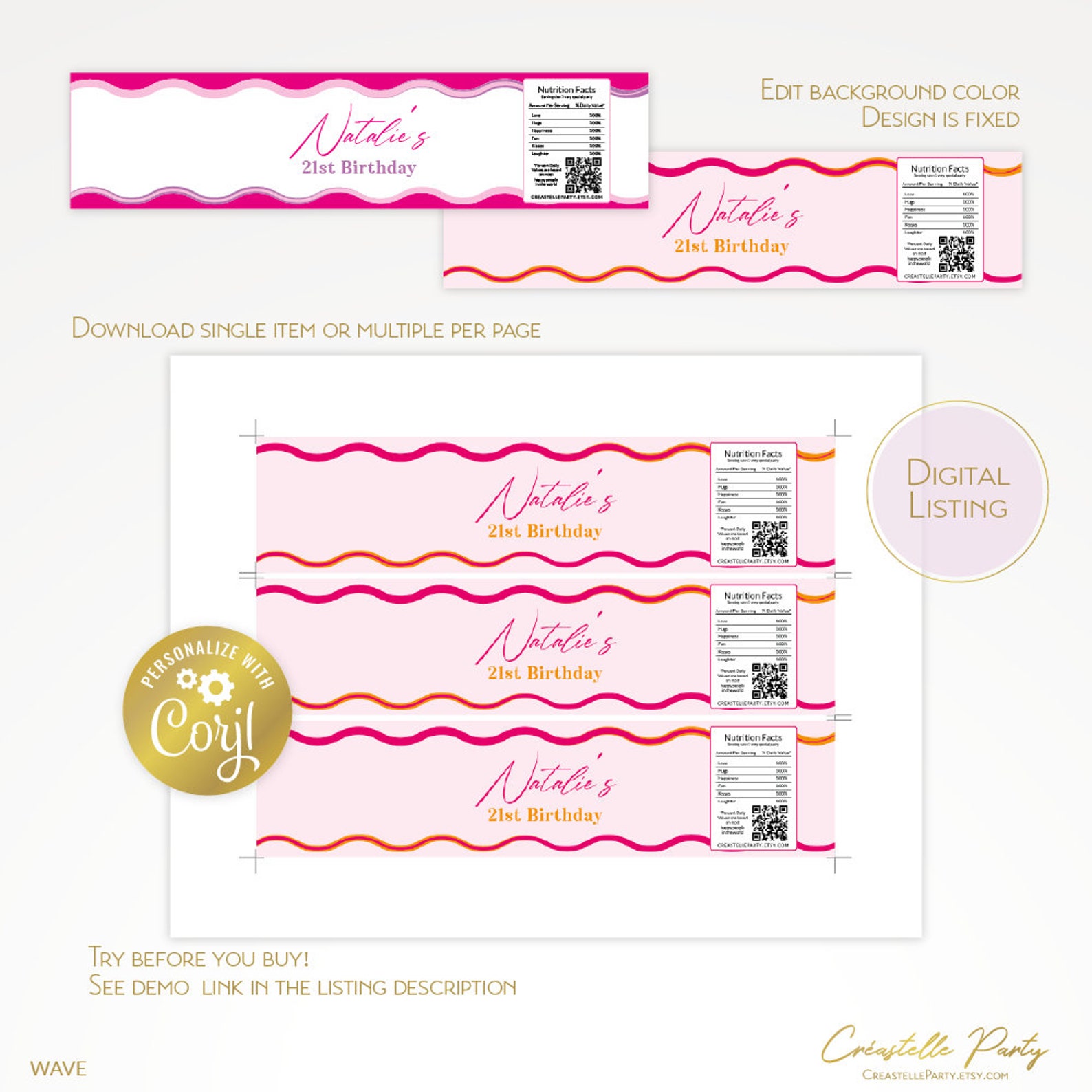 Wavy Editable Water Bottle Label, Pink, Orange Birthday Label, Retro ...