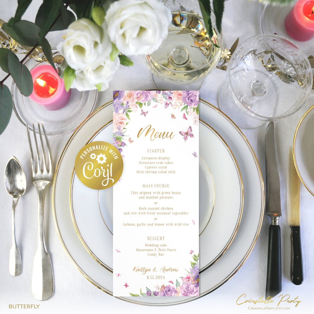 Butterfly Wedding Menu Template, Editable 3.75x9 + 5x7 Menus, Digital ...