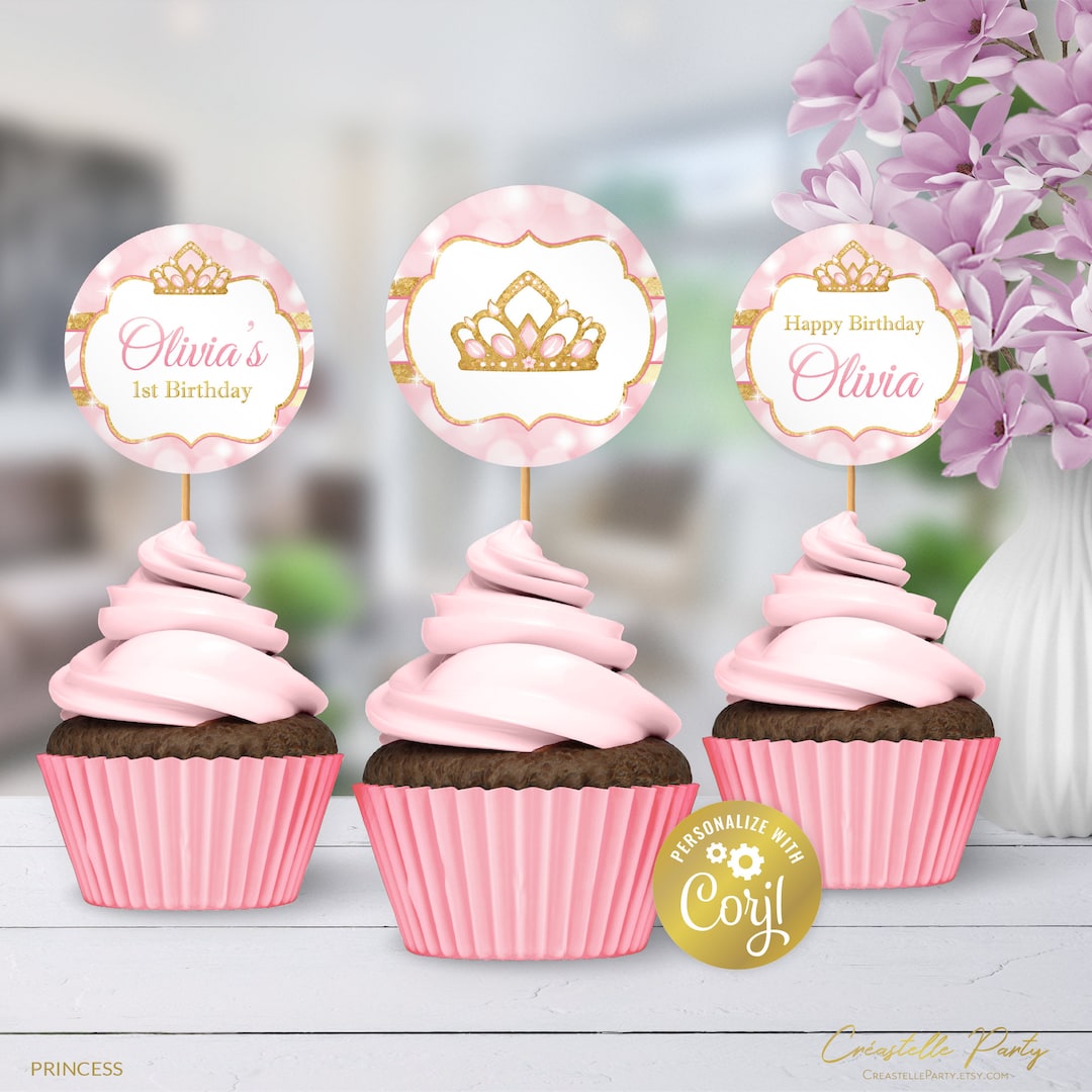 Princess Editable Cupcake Toppers, Royal Crown Birthday Label, Pink ...