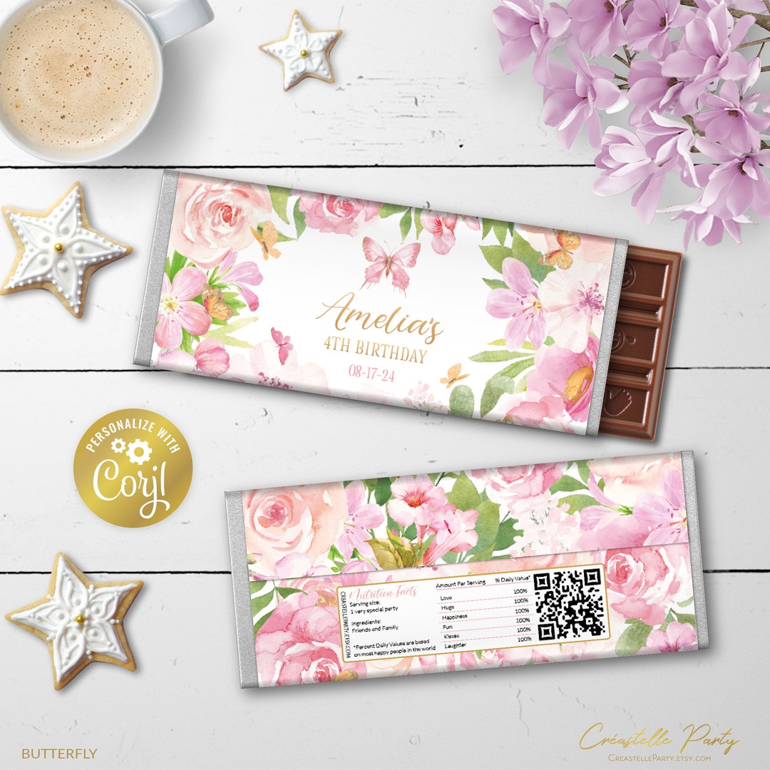 Butterfly Editable Chocolate Bar Wrapper, Pink and Gold Birthday Snacks ...