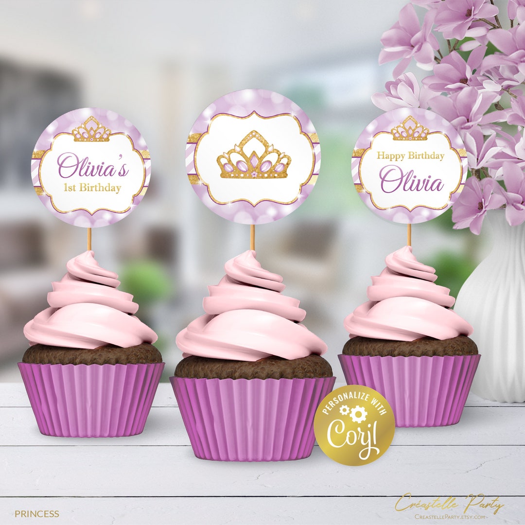 Princess Editable Cupcake Toppers, Royal Crown Birthday Label, Purple ...