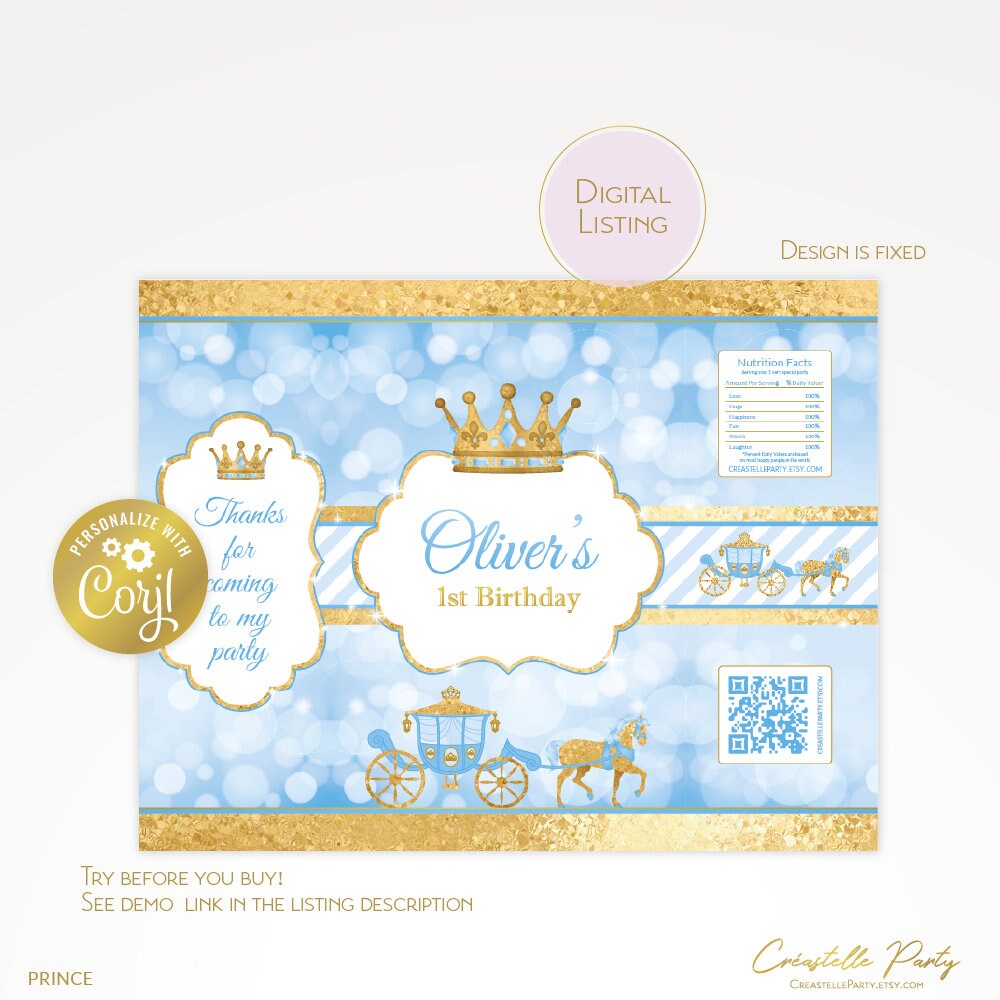 Prince Editable Chip Bag Wrapper, Royal Crown Birthday Snacks Label ...
