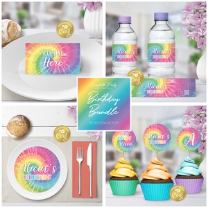 Tie Dye Editable Party Decor Package, Pastel Rainbow Spiral Birthday ...
