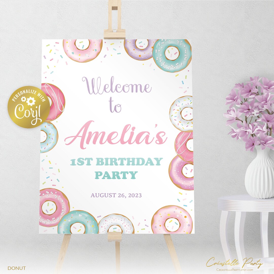 Donut Welcome Sign, Sweet One Editable Sign, Pink Sprinkles, Cloud ...