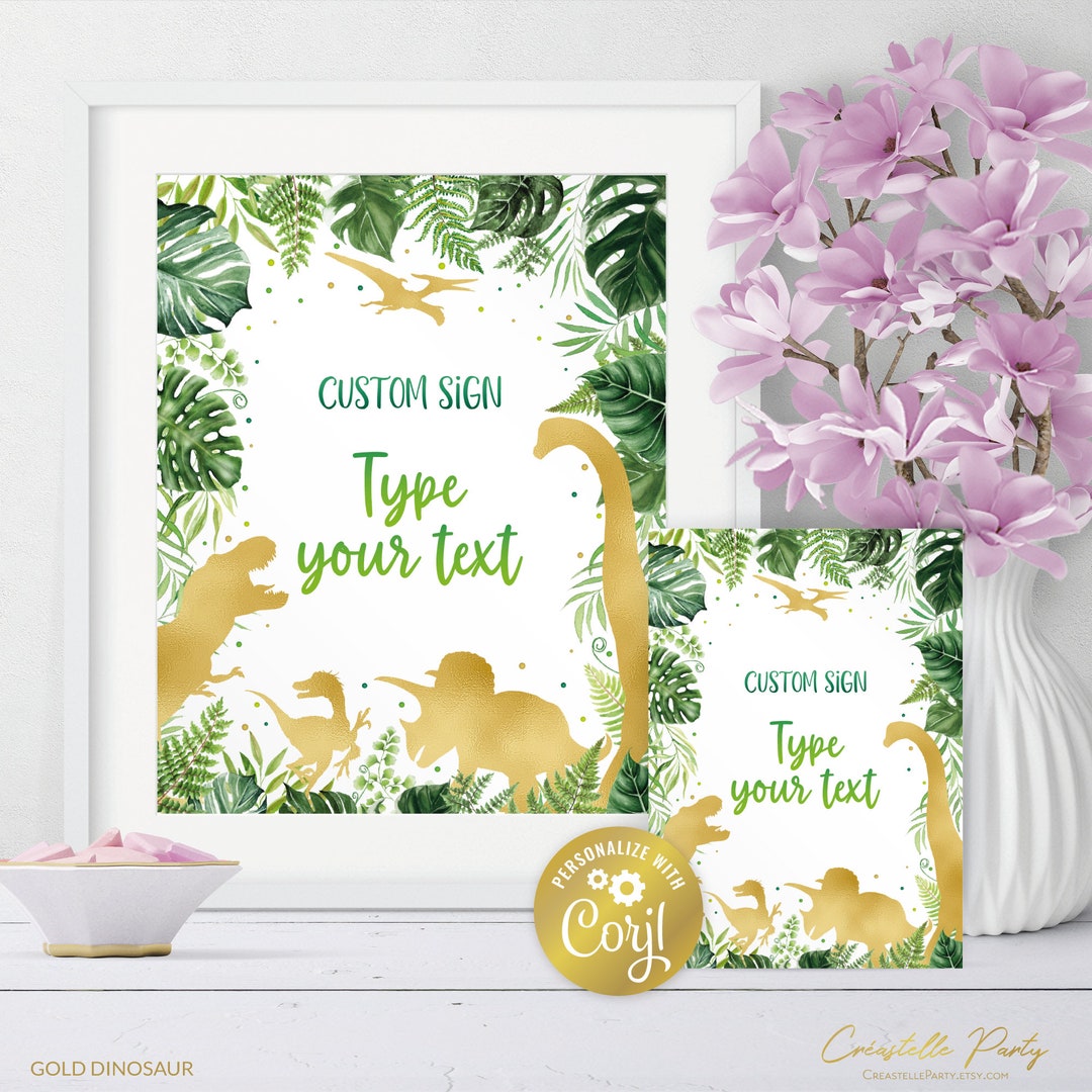 Dinosaur Custom Sign Template, Gold T-rex Editable Printable, Safari ...