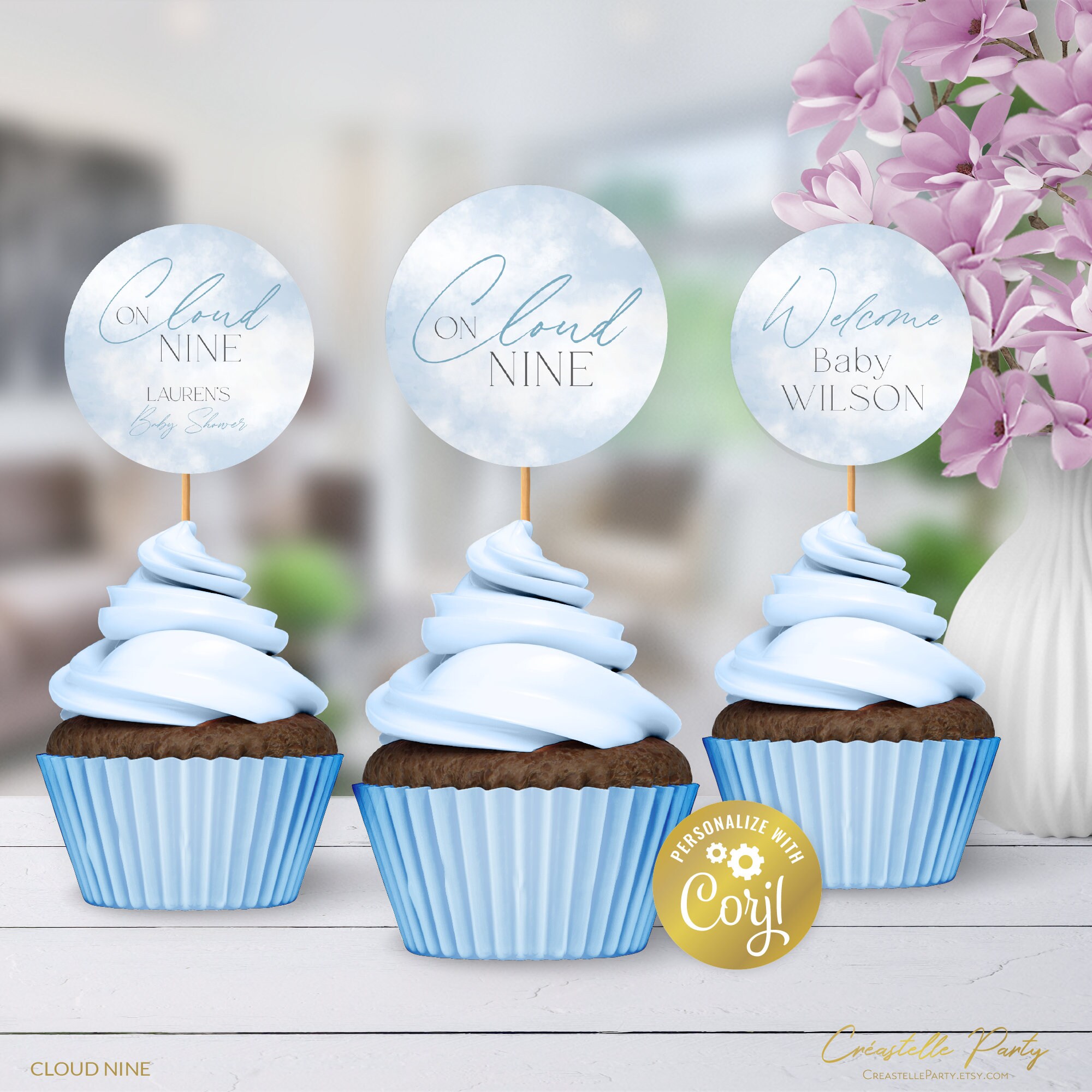 Cloud Nine Editable Cupcake Toppers, Sky Baby Shower Label, Gender ...