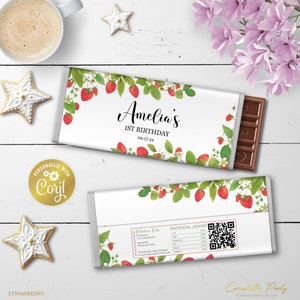 Strawberry Editable Chocolate Bar Wrapper, Sweet Berry Birthday Snacks ...