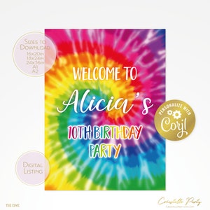 Tie Dye Welcome Sign, Bright Rainbow Spiral Editable Sign, Craft Party ...