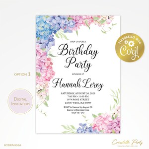 Hydrangea Invitation Editable Pink and Blue Birthday Digital - Etsy