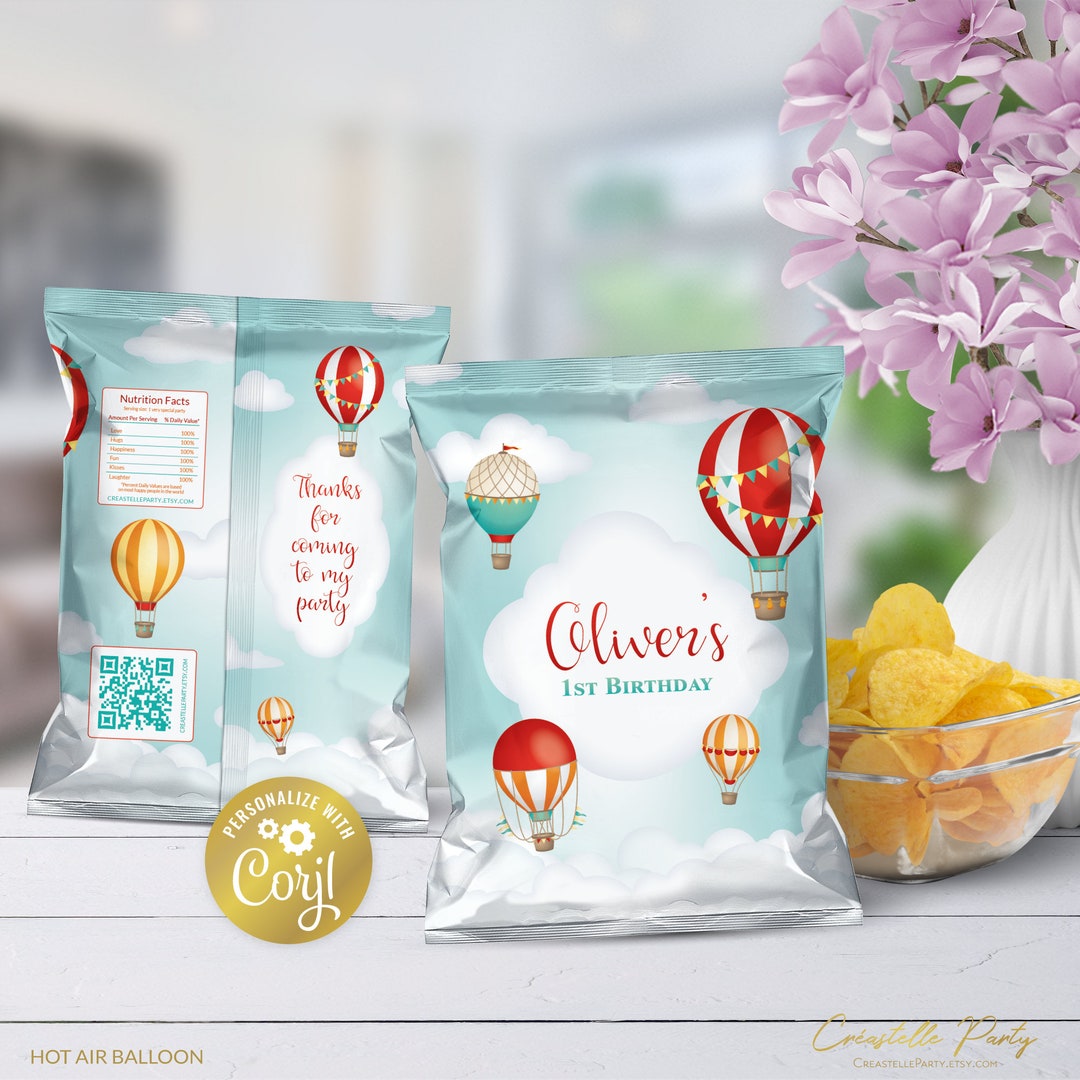 Hot Air Balloon Red Editable Chip Bag Wrapper, Up, up and Away Birthday ...
