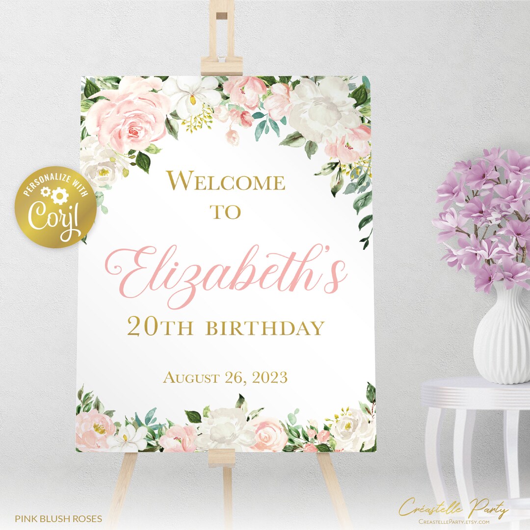 Blush Roses Welcome Sign, Pink Floral Party Editable Sign, Printable ...
