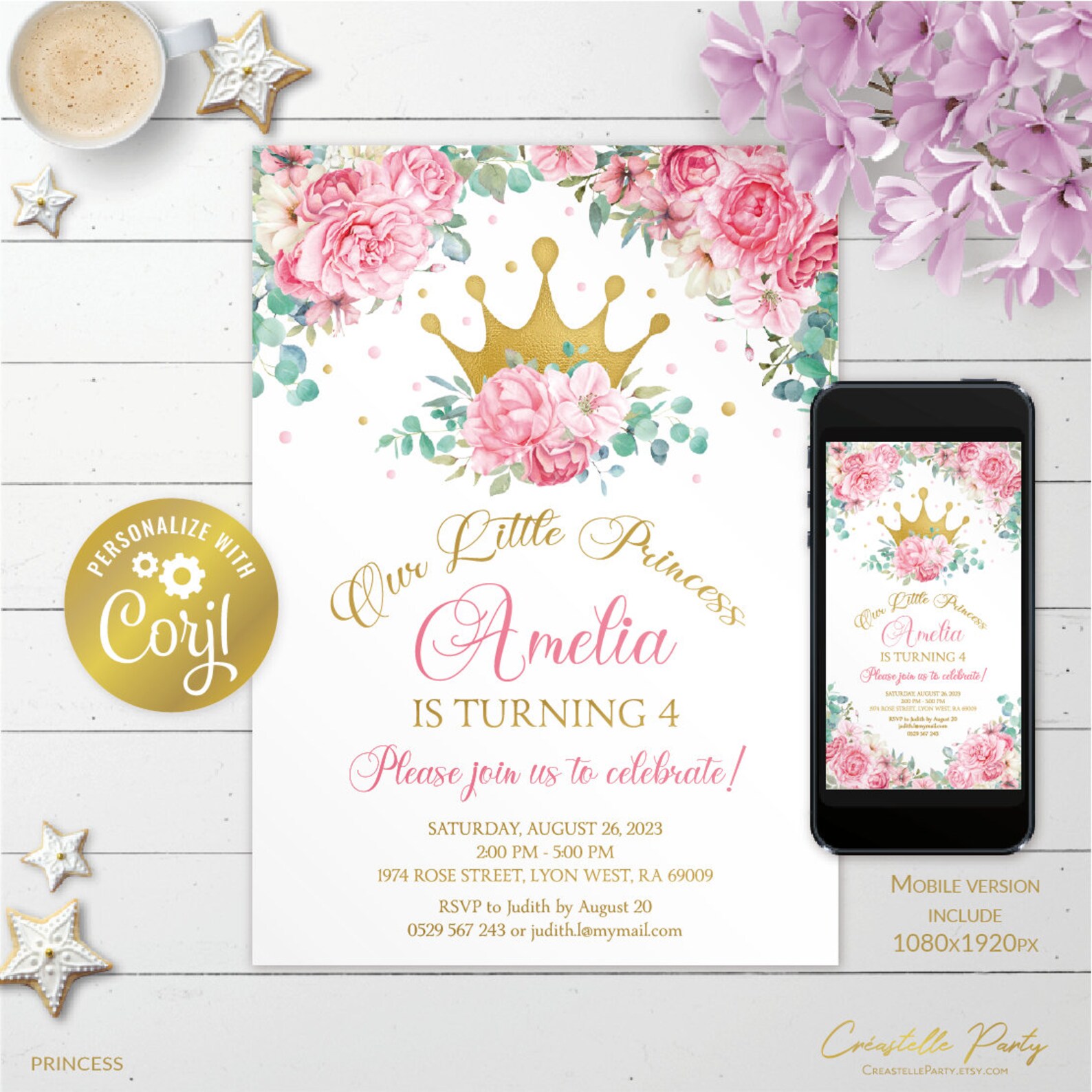 Editable Princess Invitation, Royal Crown Printable, Pink and Gold ...
